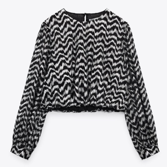 Zara | Tops | Zara Round Neck Metallic Thread Appliqu Short Jacquard ...
